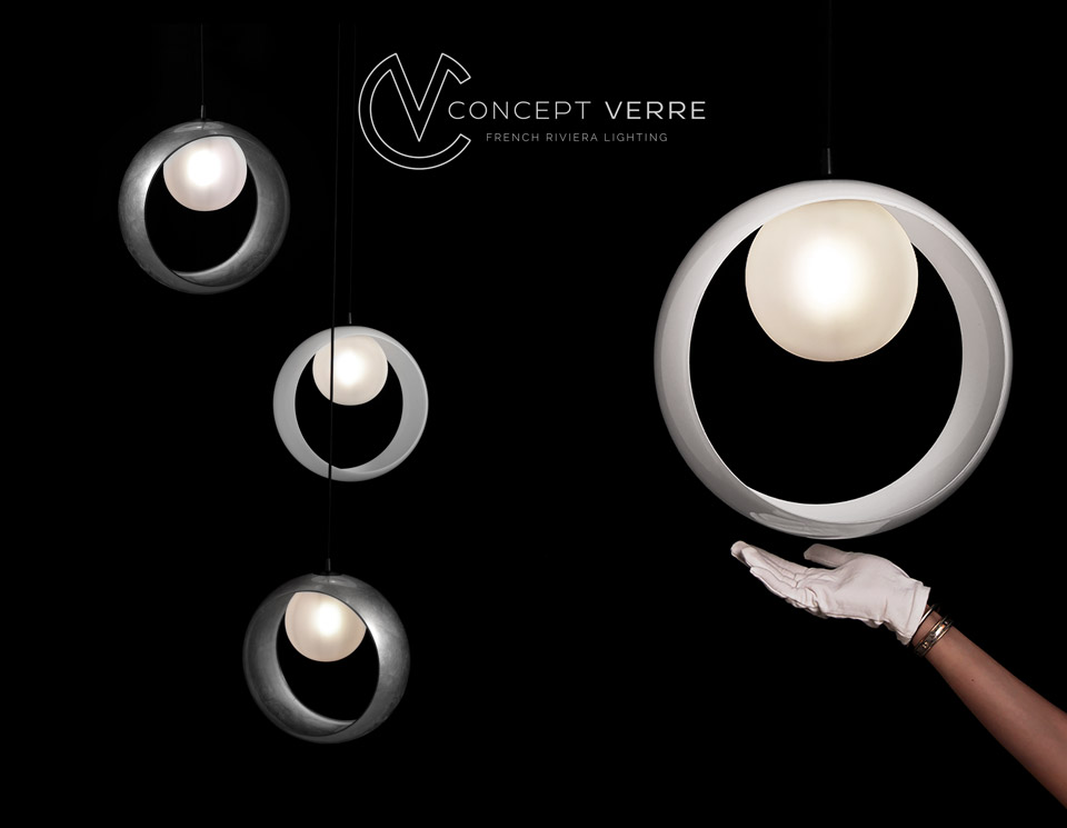 Concept Verre glass lamps Okio: a luminous pearl wrapped in a glass ribbon