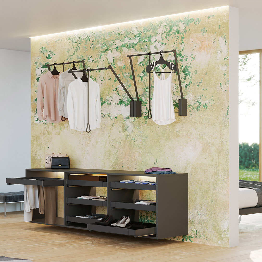 Wardrobe lift Servetto: soft closet mechanism and minimal design