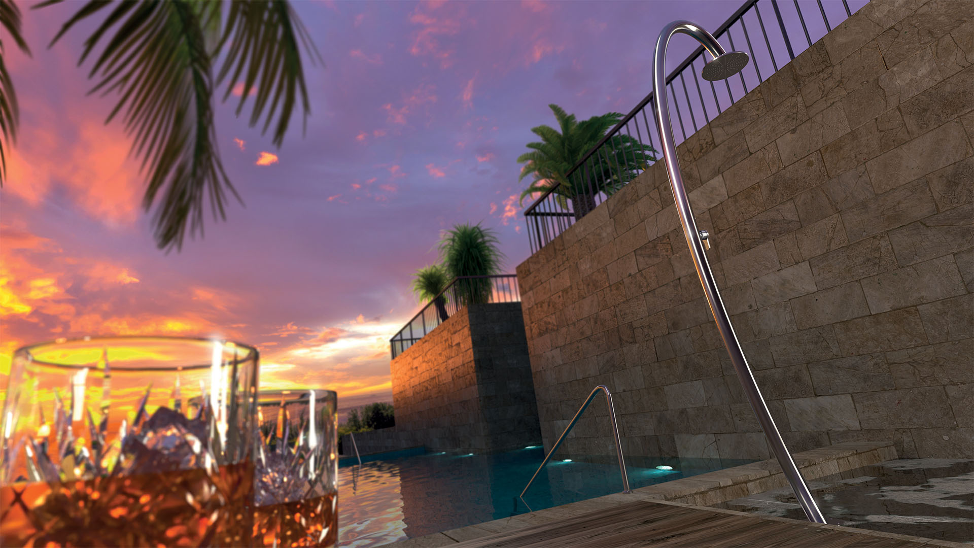 Clef outdoor shower: reinterprets with brio the eternal score of water.