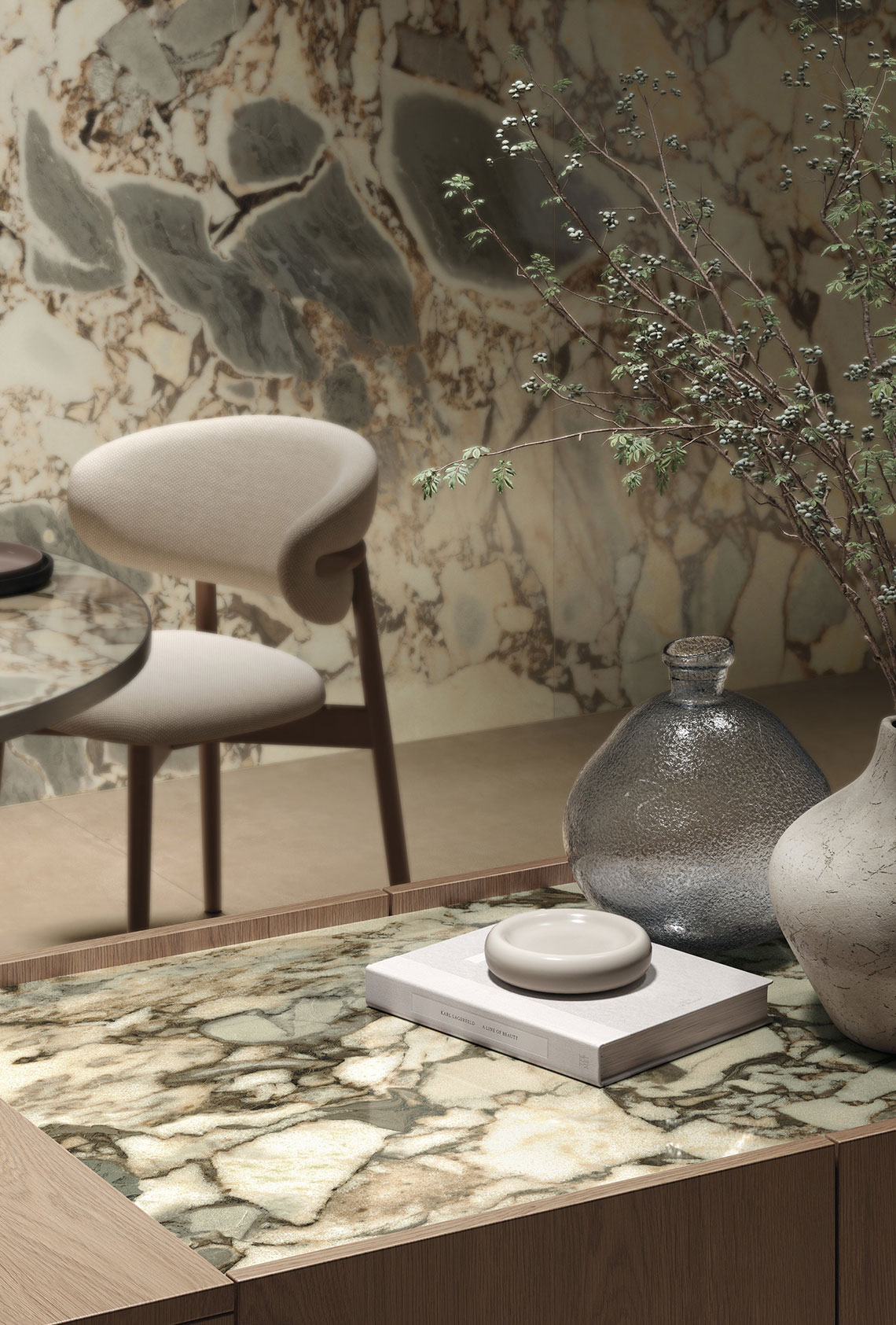 Crystals and transparent elements embedded in the veining of marble ...